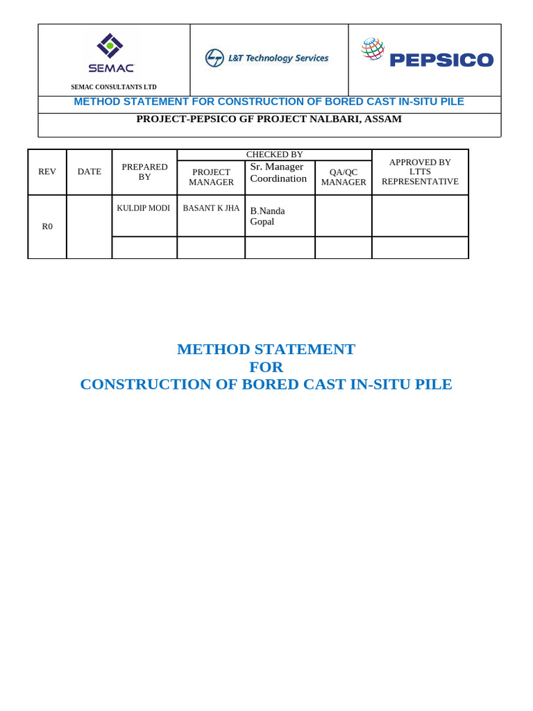 Method Statement For Construction of Bored Cast in Setu Pile | PDF | Deep Foundation | Concrete