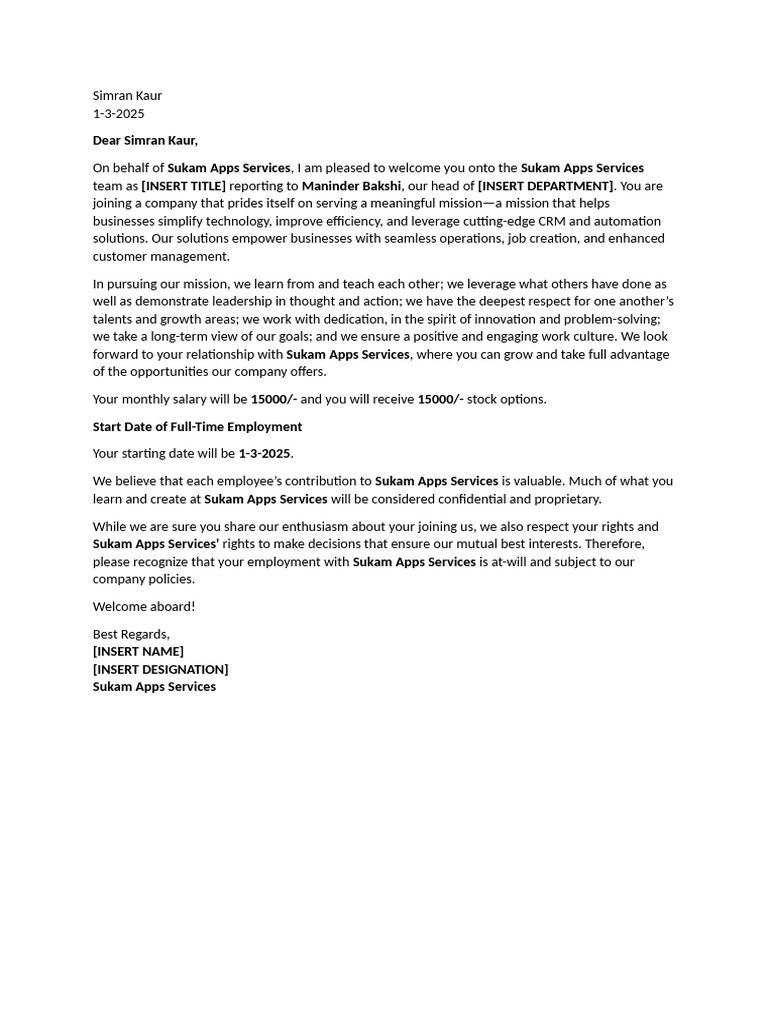 Simran Kaur Offer Letter | PDF