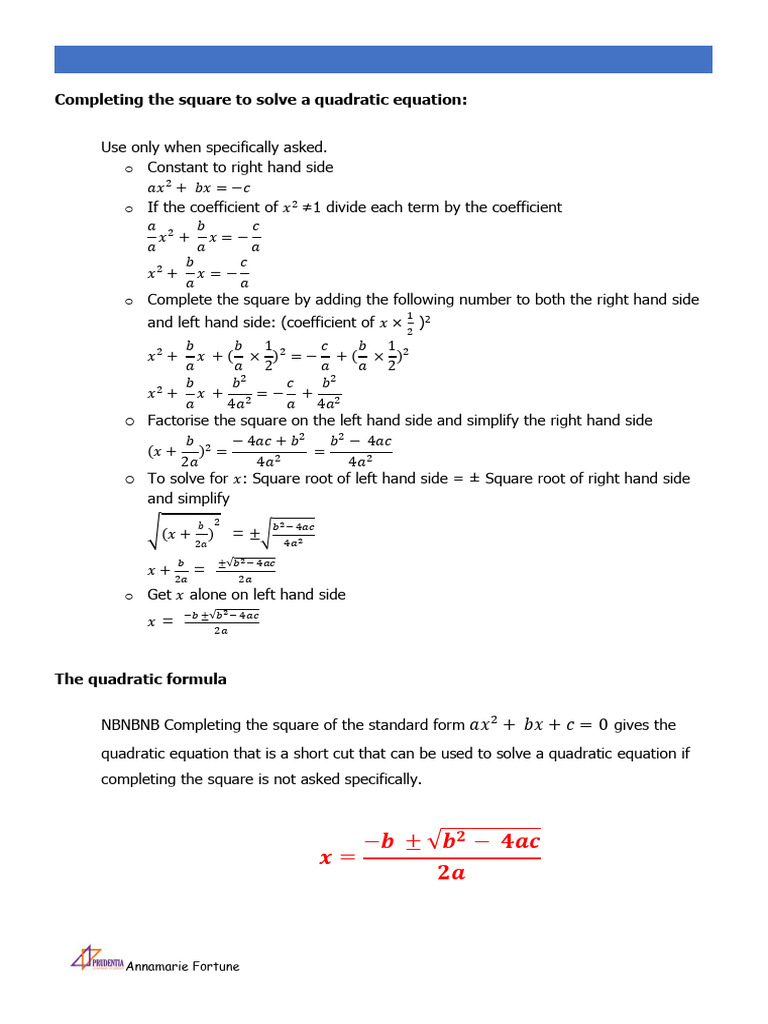 GR 11 Completing The Square Notes | PDF | Quadratic Equation ...