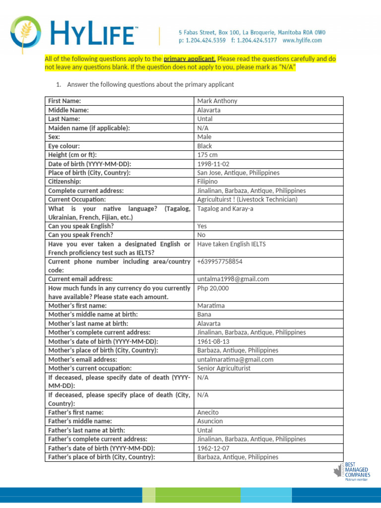 Applicant Personal Information Form | PDF | Refugee | Travel Visa