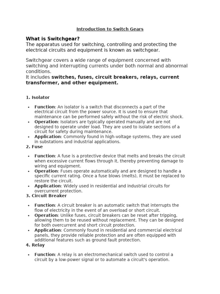 Introduction to Switch Gears | PDF | Fuse (Electrical) | Relay