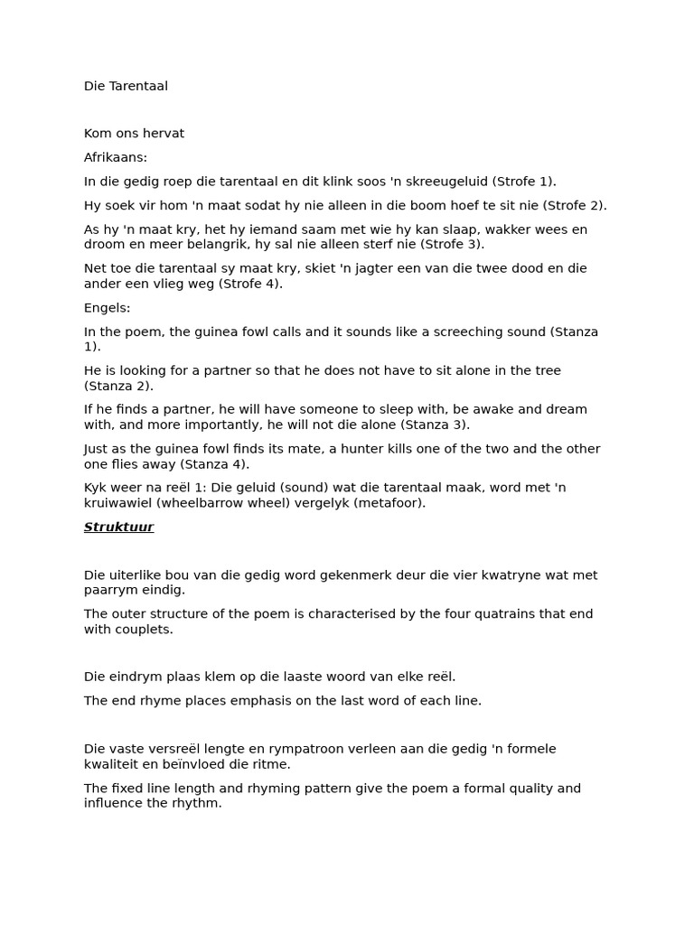 Die Tarentaal Summary | PDF