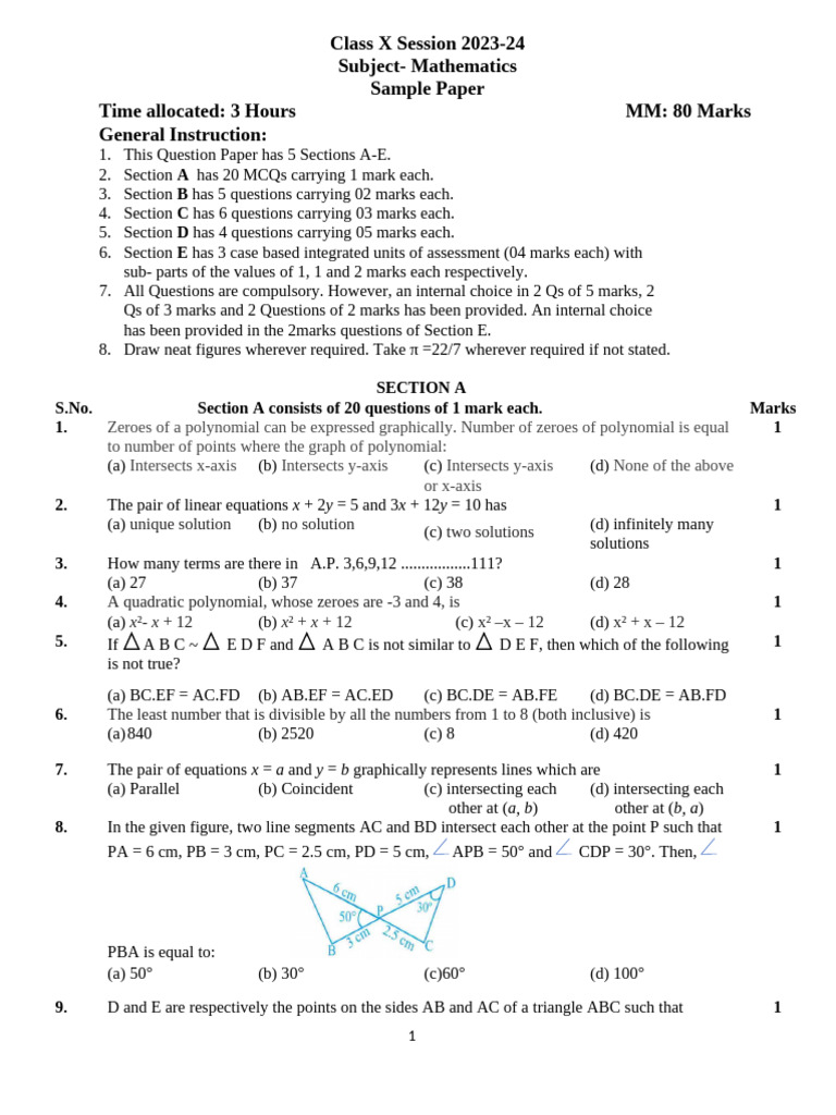 Cl10 Mathematics Sample Paper | PDF | Circle | Polynomial