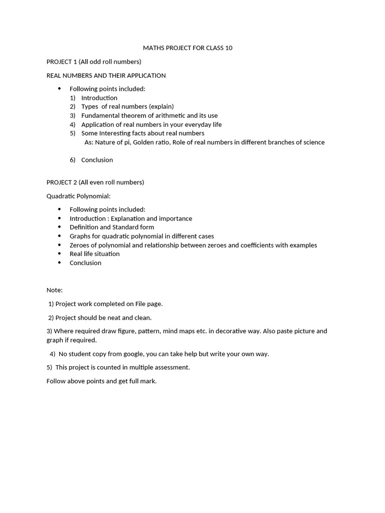 Class 10 Maths Project Guidelines | PDF