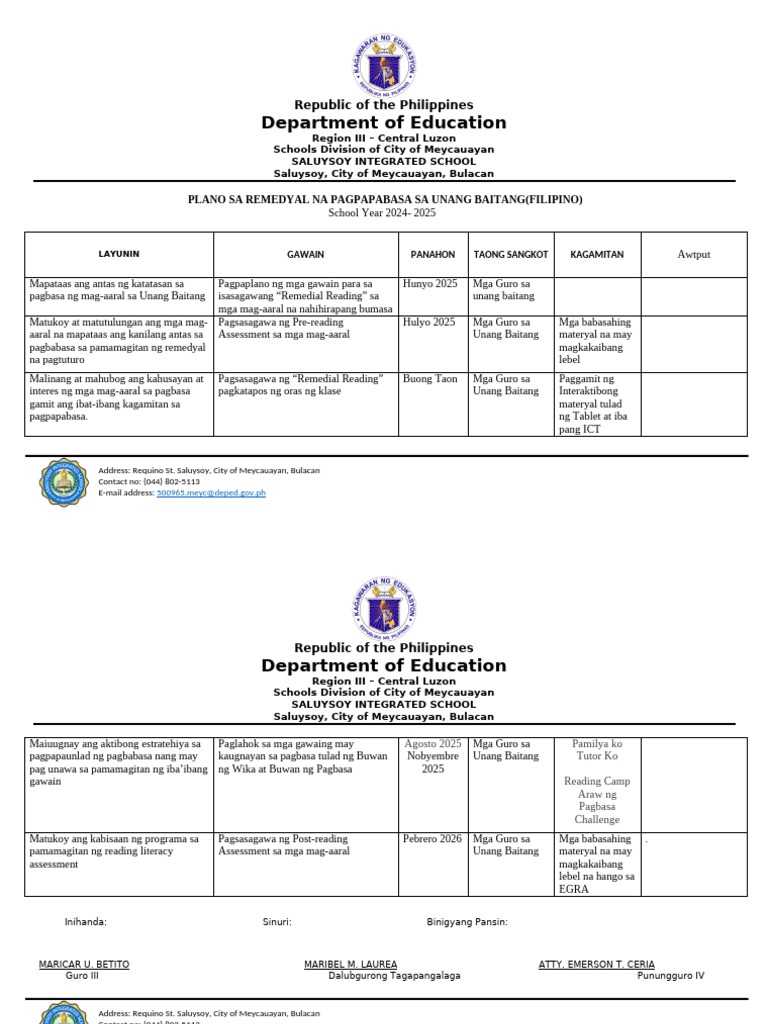 Gr1-Action Plan Sa Pagpapabasa-Filipino 2025-2026 | PDF