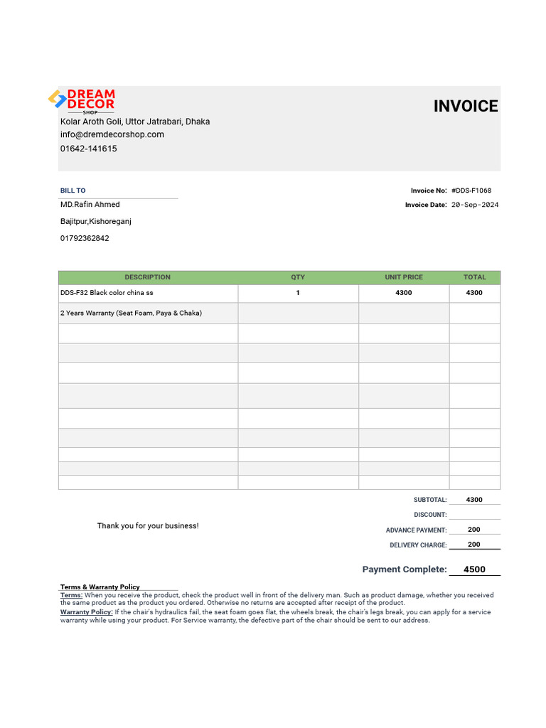 Warranty Invoice for Chair Purchase | PDF
