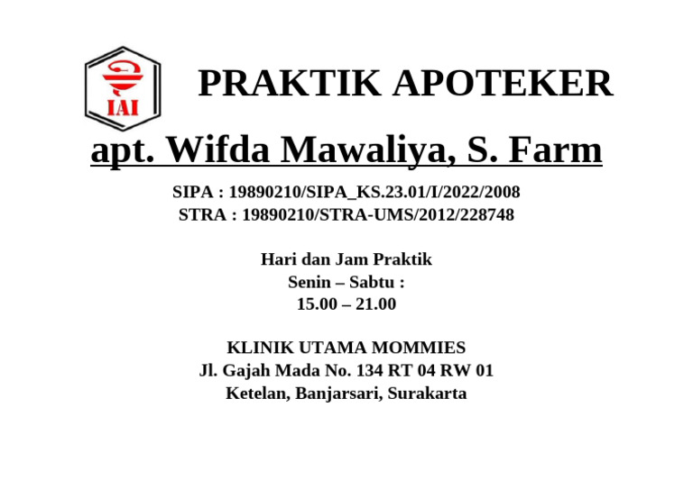 Praktik Apoteker di Klinik Utama Mommies | PDF