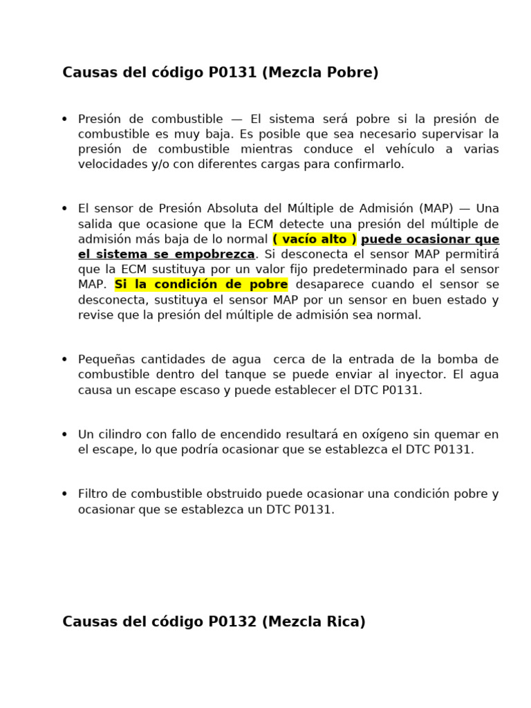 Causas de Los Códigos P0131 P0132 | PDF | Sensor | Inyección de combustible