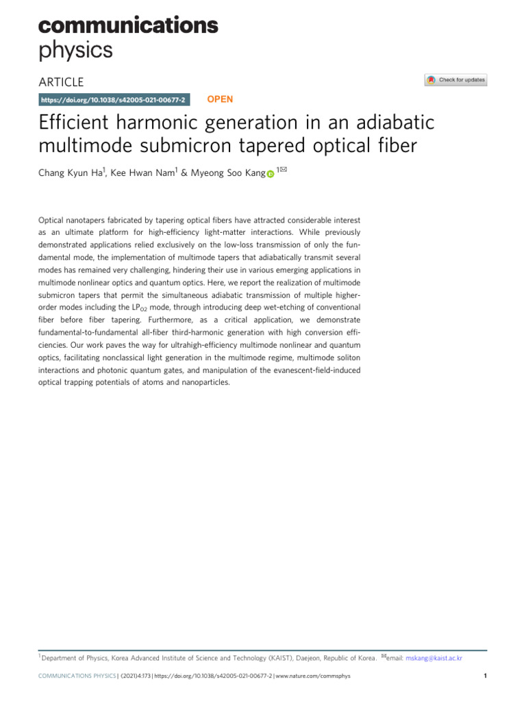 2021 - Efficient Harmonic Generation in An Adiabatic Multimode Submicron Tapered Fiber | PDF ...