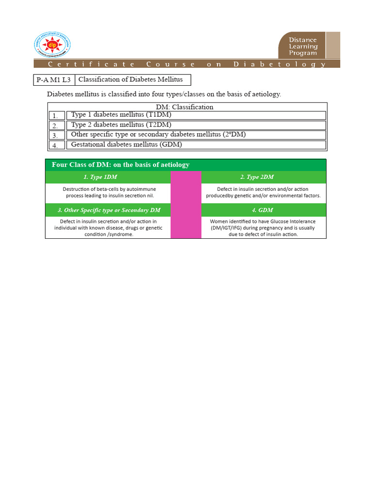 M1_L3 Classification of Diabetes Mellitus (DM) | PDF