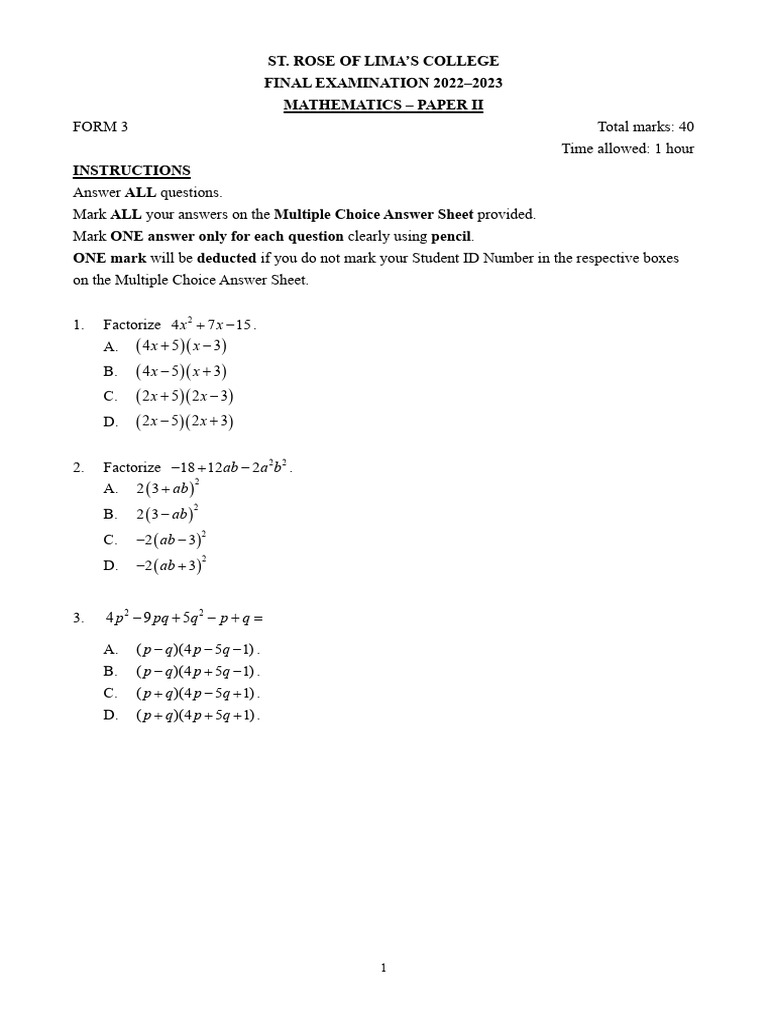 Form 3 Mathematics Final Exam 2023 | PDF | Area | Volume