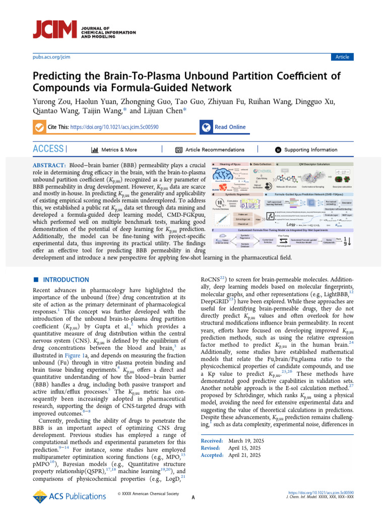 Zou Et Al 2025 Predicting The Brain To Plasma Unbound Partition Coefficient of Compounds Via ...