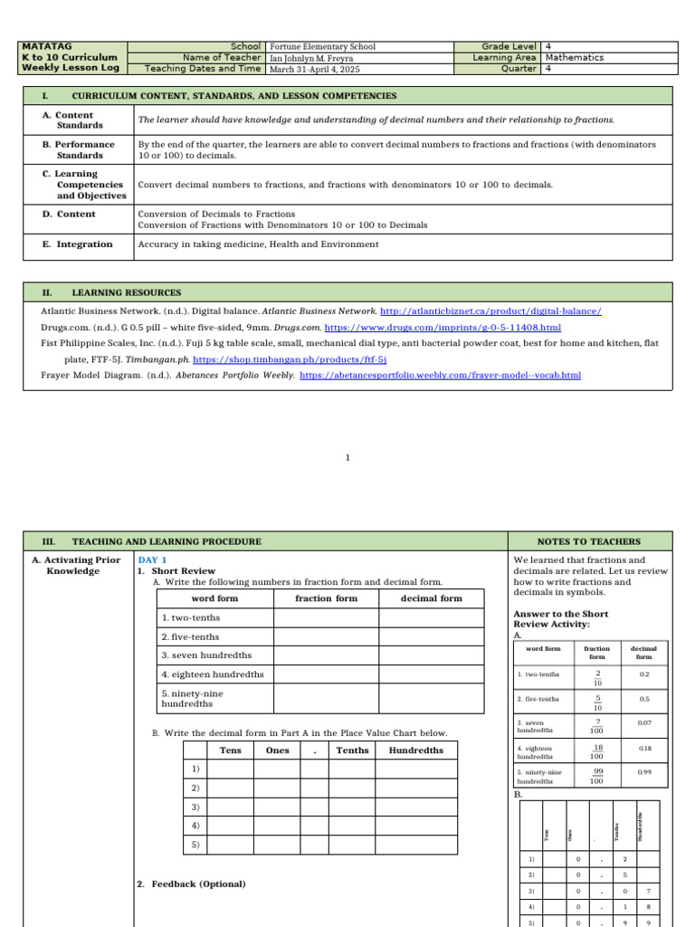 Q4 - LE - Mathematics 4 - Lesson 6 - Week 6 - 2 | PDF | Decimal | Learning