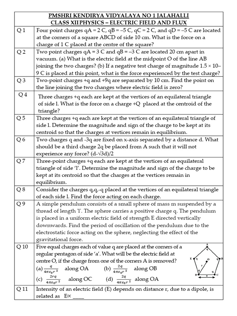 Class 12 Summer Break Assignment | PDF | Electric Field | Flux