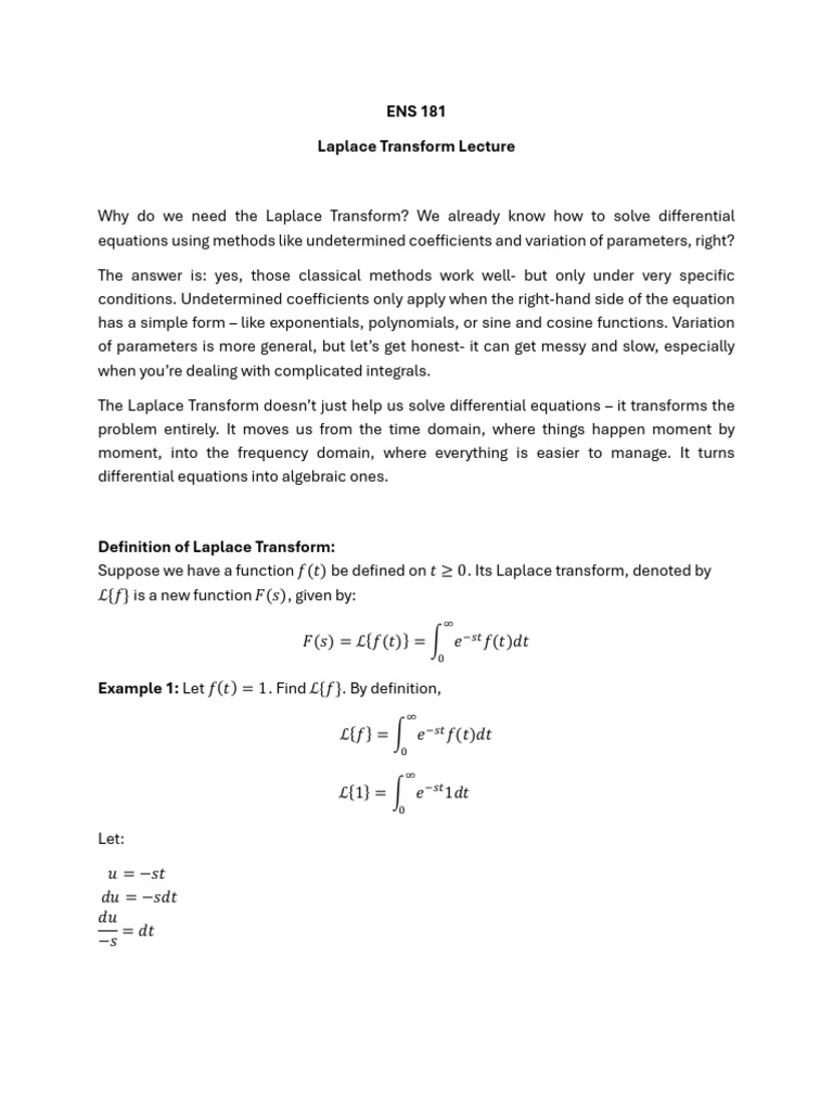 ENS 181 Laplace Transform Lecture | PDF | Laplace Transform | Mathematical Physics