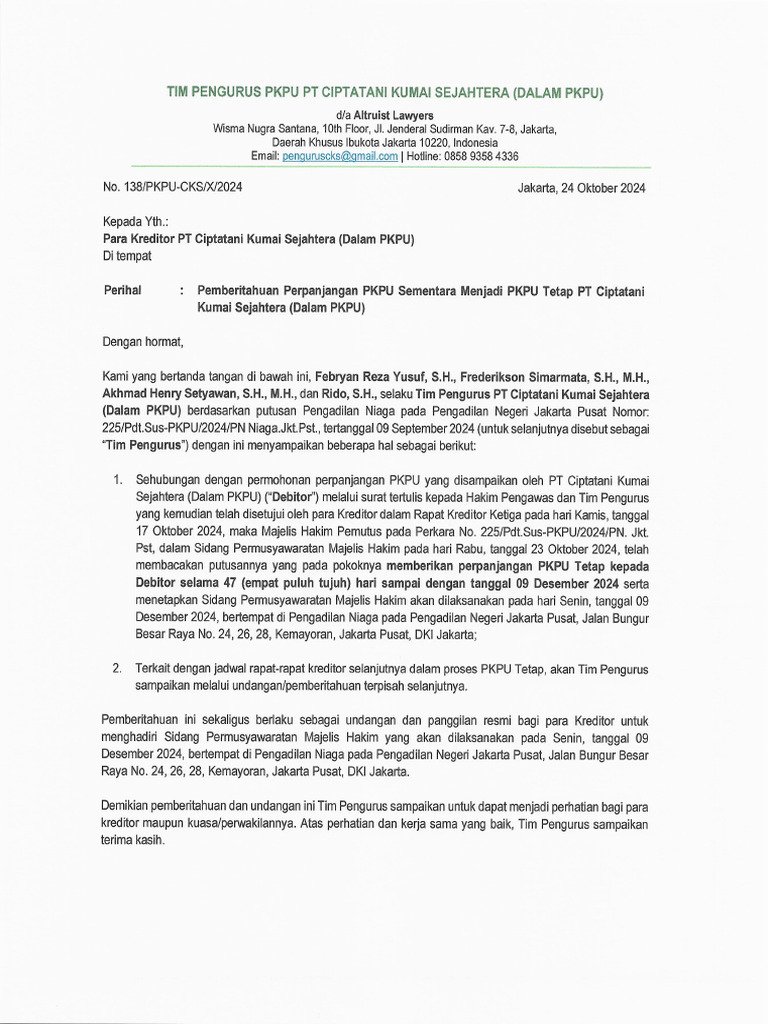 138 - CKS - Pemberitahuan Perpanjangan PKPU PT CKS - Kreditor | PDF