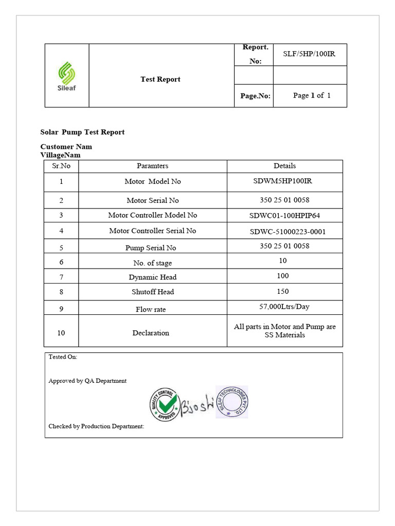 Internal Test Report 5HP Shivangaon | PDF