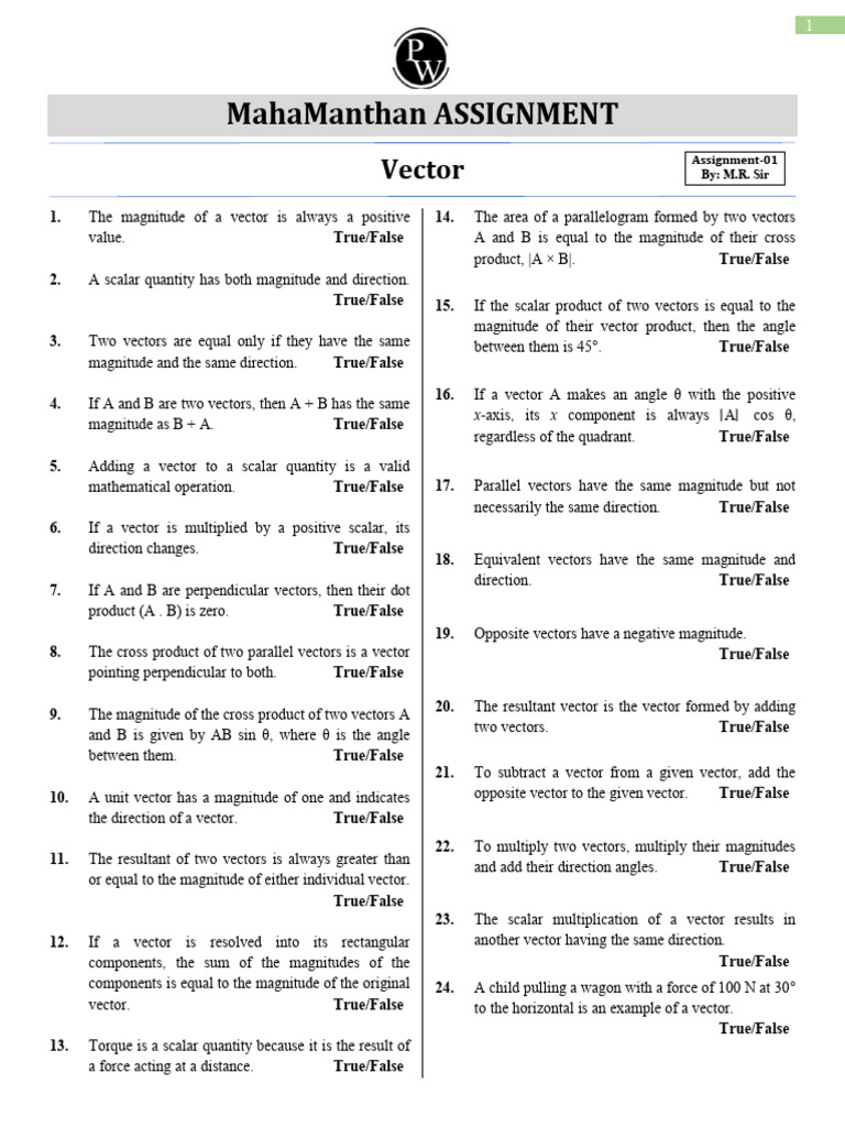 MahaManthan Assignment-01 Vector (Physics) MR Sir Mahaveer | PDF | Euclidean Vector | Classical ...