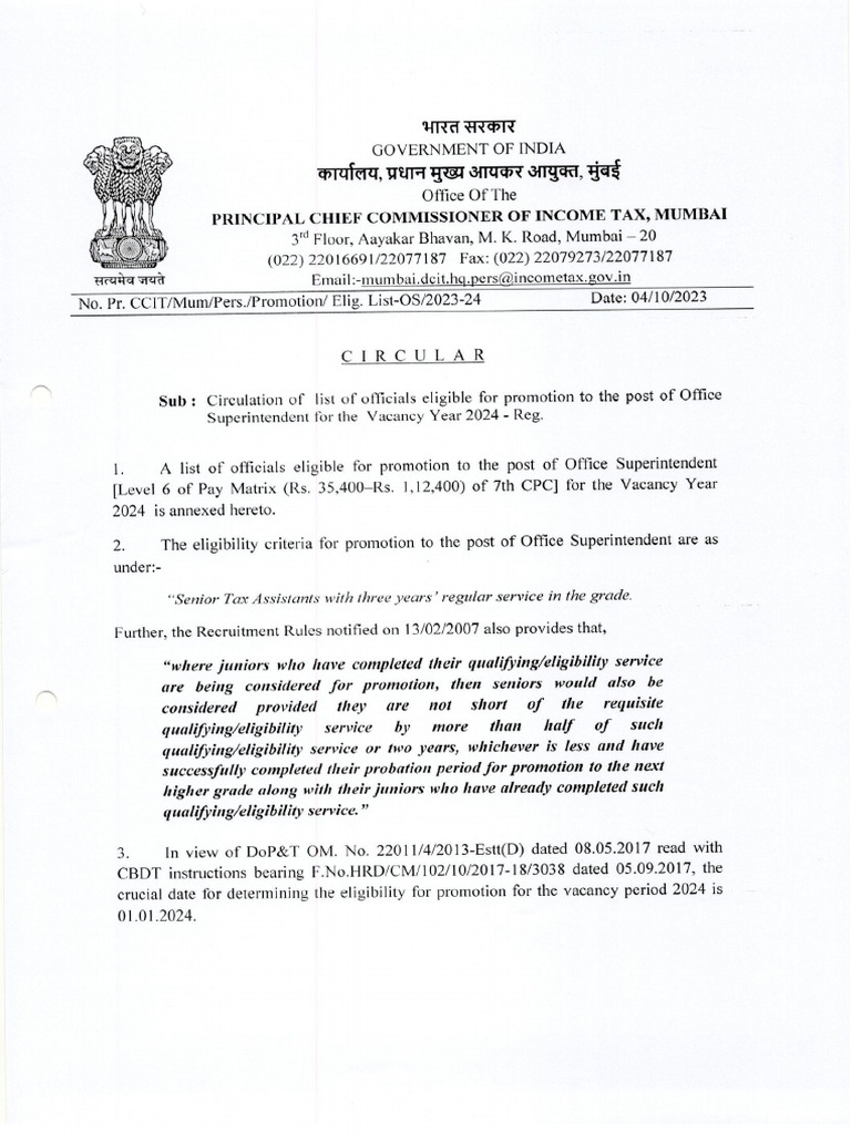 Eligibility List For Promotion To The Post of Os For V y 2024 | PDF
