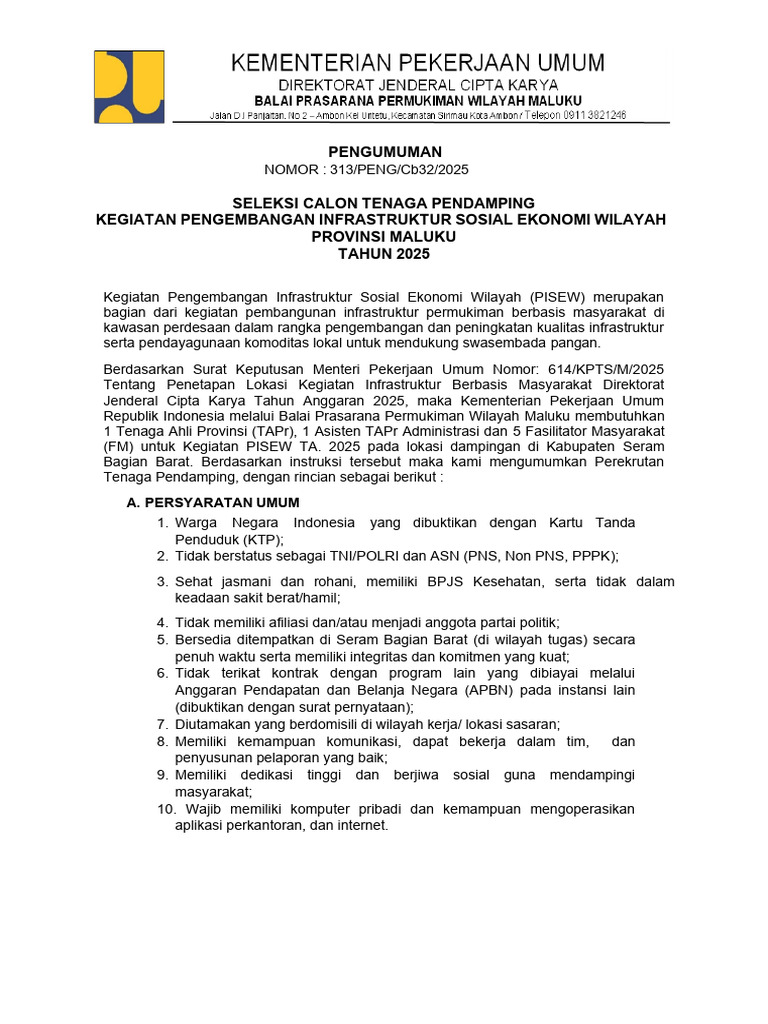 R-1 Pengumuman Rekrutmen Tenaga Fasilitator Kegiatan Pisew 2025 Provinsi Maluku1 | PDF