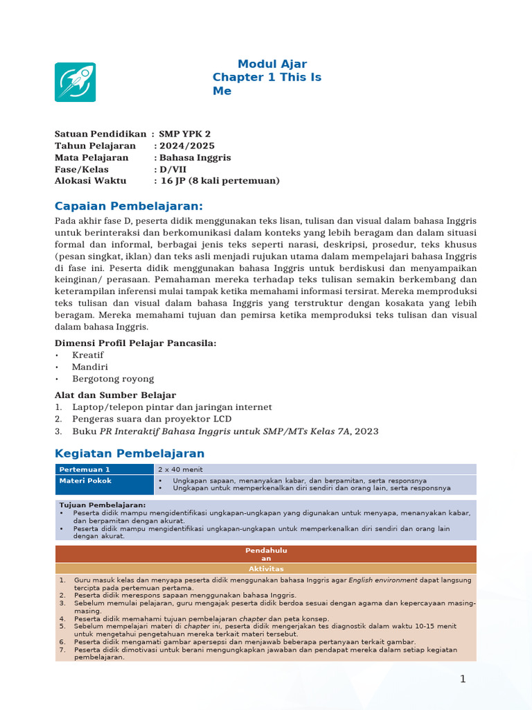 Modul Ajar PR Bahasa Inggris 7A 2023-2024 Chapter 1 | PDF