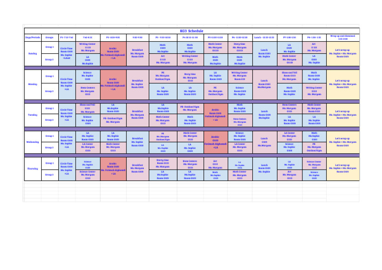 KG3 Weekly Class Schedule | PDF