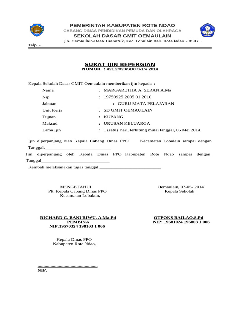 Surat Ijin Bepergian Guru - Pns-Pakai | PDF