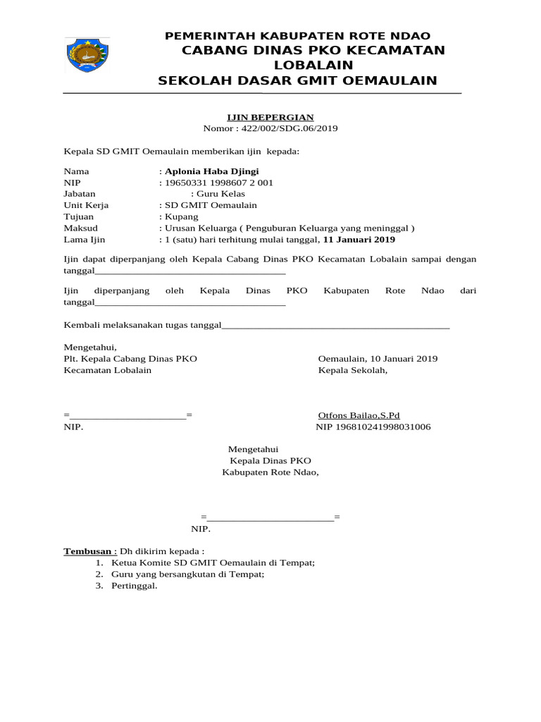 Surat Ijin Guru SD Gmit Oemaulain-Aplonia Haba Dijingi | PDF