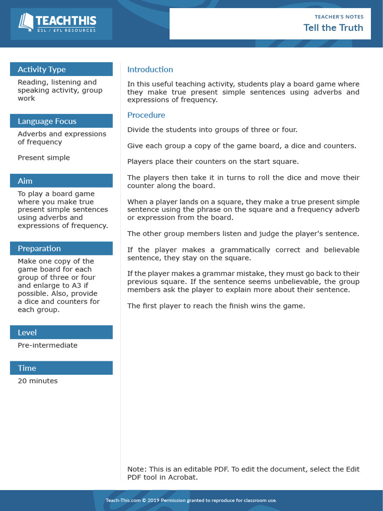 Tell The Truth - Elementary (A1-A2) | PDF | Adverb | Human Communication