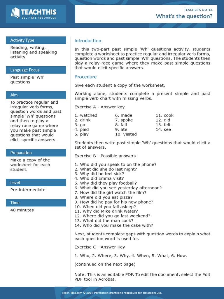 What Is The Question Elementary (A1-A2) | PDF | Question | Linguistics