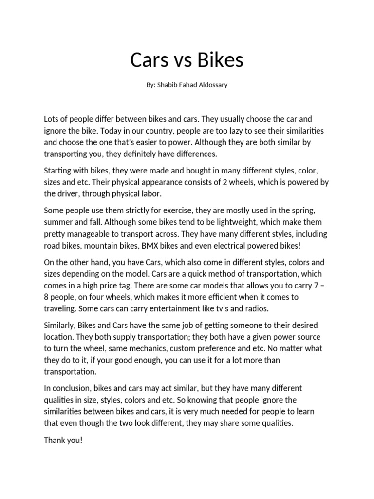 Comparing Cars and Bikes: Similarities & Differences | PDF
