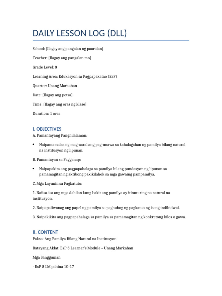 DLL EsP8 Pamilya Natural Na Institusyon | PDF