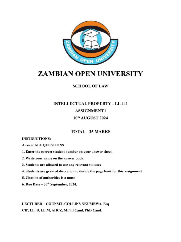 Intellectual Property Law - Assignment 1 - 2024 | PDF