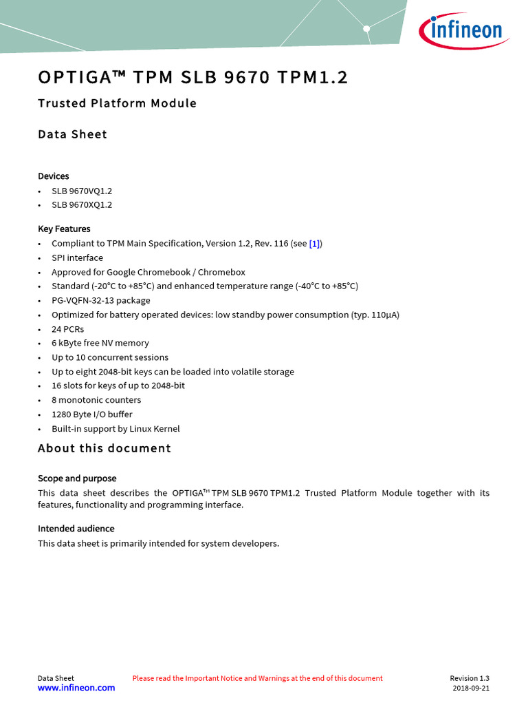 Infineon Data Sheet SLB9670 1.2 Rev1.3 DS v01 03 en | PDF | Manufactured Goods | Computer Science