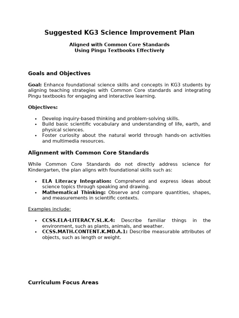 Suggested KG3 Science Improvement Plan | PDF | Science | Learning