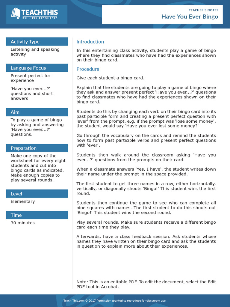 Have You Ever Bingo Elementary (A1-A2) | PDF | Linguistics | Grammar