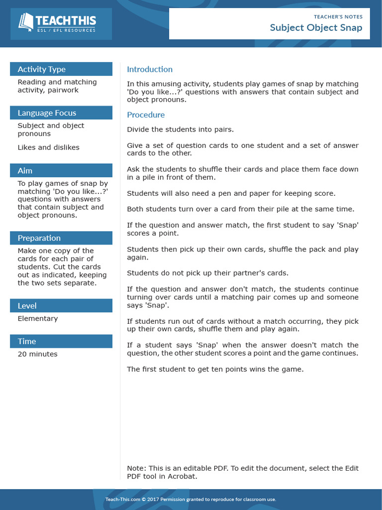 Subject Object Snap - Elementary (A1-A2) | PDF