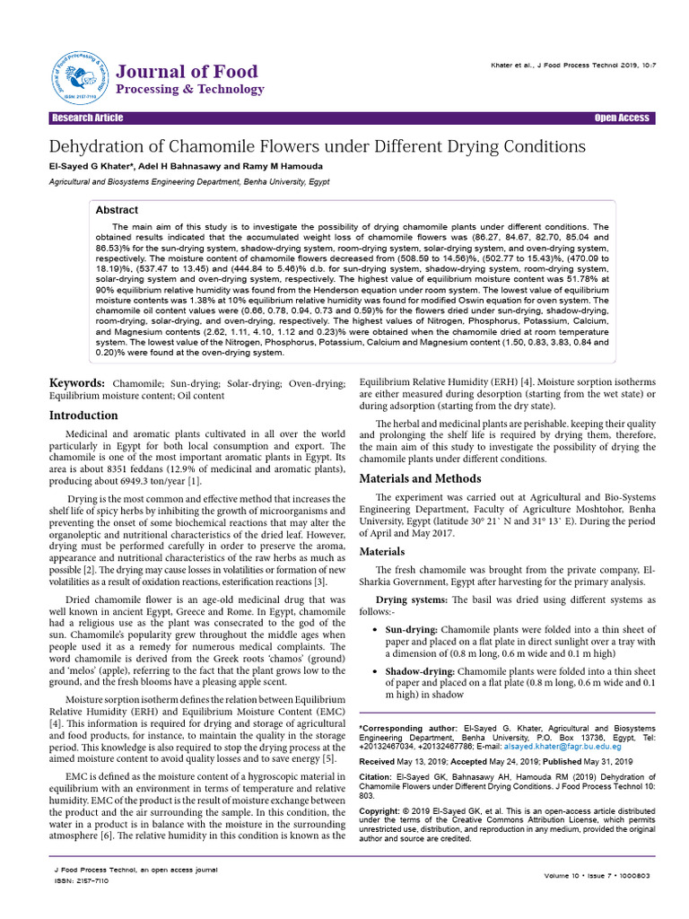 Dehydration of Chamomile Flowers Under Different Drying Conditions ...