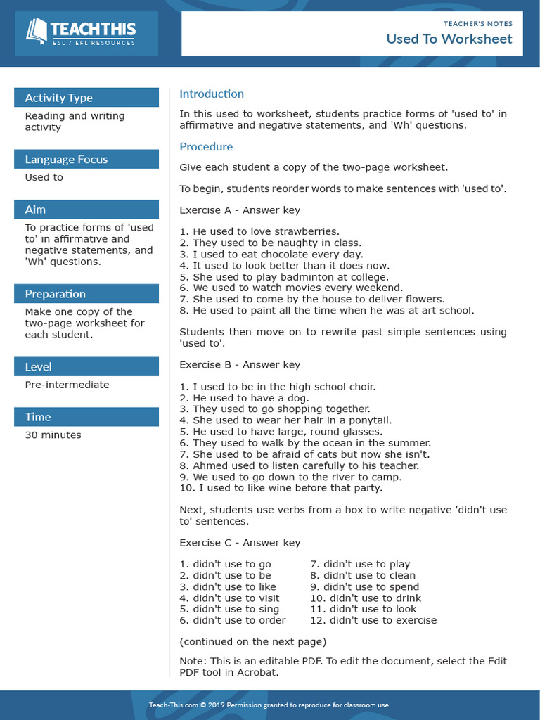 Used To Worksheet Pre-Intermediate (A2) | PDF | Question