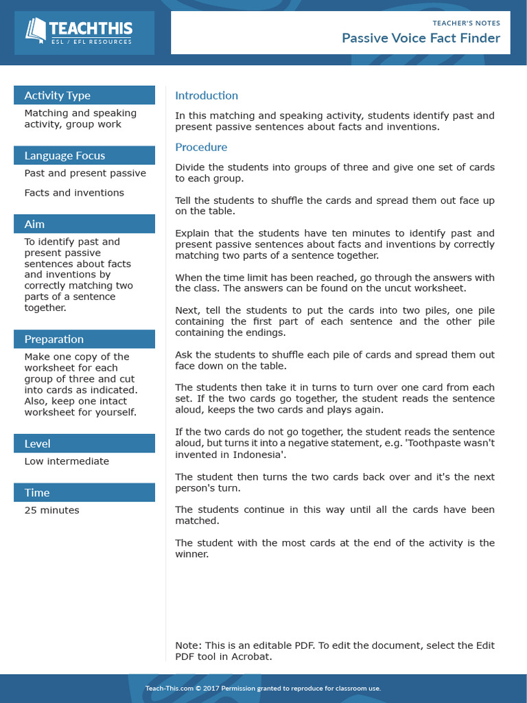 Passive Voice Fact Finder Intermediate (B1) | PDF