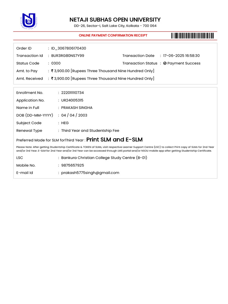 NSOU - UG Online Payment Confirmation Receipt | PDF