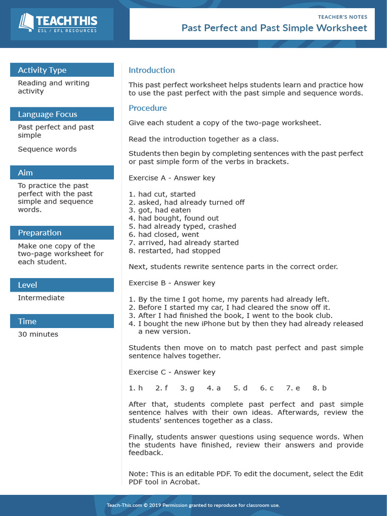 Past Perfect and Past Simple Worksheet Intermediate (B1) | PDF ...