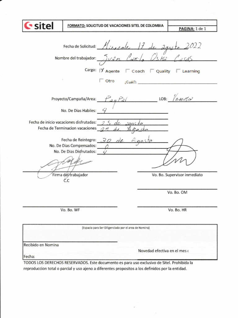 Vacaciones Sitel | PDF