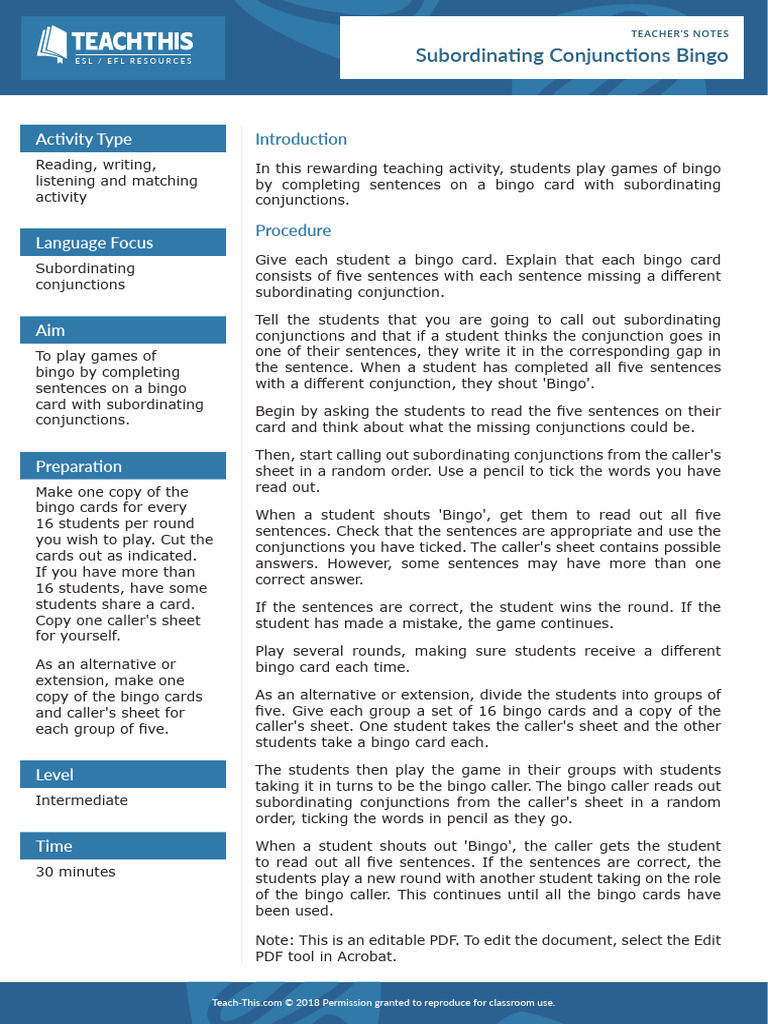 Subordinating Conjunctions Bingo - Intermediate (B1) | PDF | English As ...