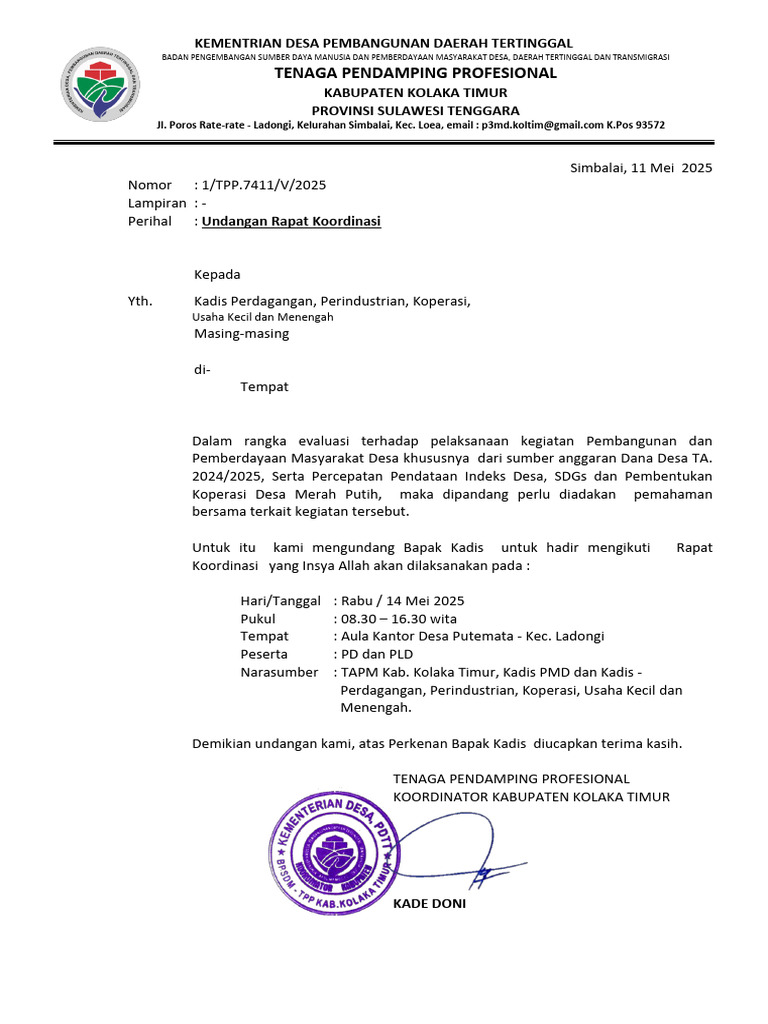 Surat Undangan Rakor TPP Mei 2025 - Kadis Kop | PDF