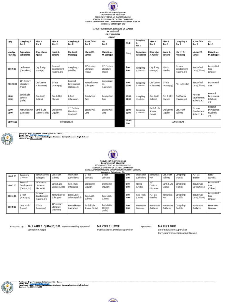 Senior High School Class Schedule 2025-2026 | PDF