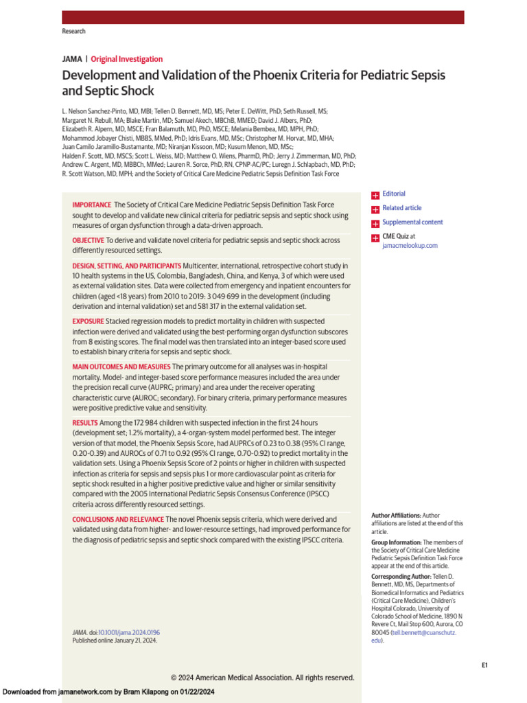 Development of Phoenix Criteria (Pediatric Sepsis) 2024 | PDF | Sepsis ...
