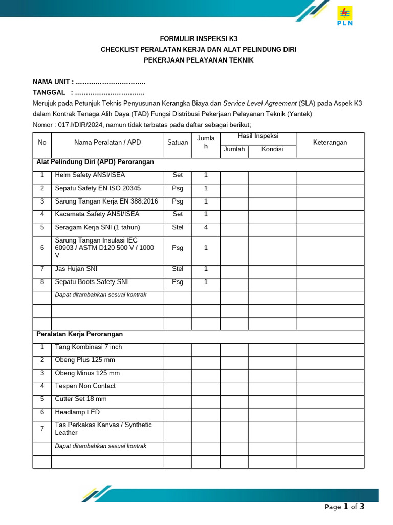 Form Checklist Alat Kerja Dan Apd | PDF