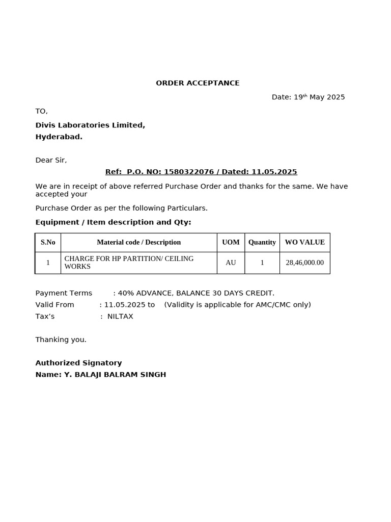 Order Acceptance - 1580322076 | PDF