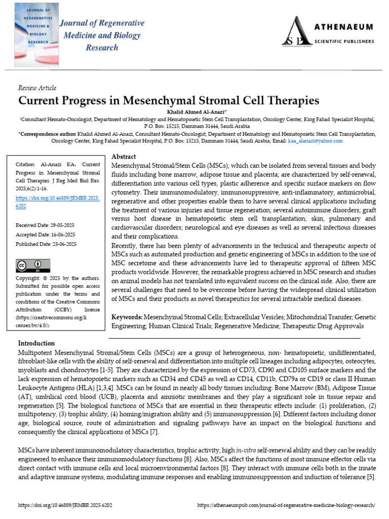 Current Progress in Mesenchymal Stromal Cell Therapies | PDF | Mesenchymal Stem Cell | Stem Cell